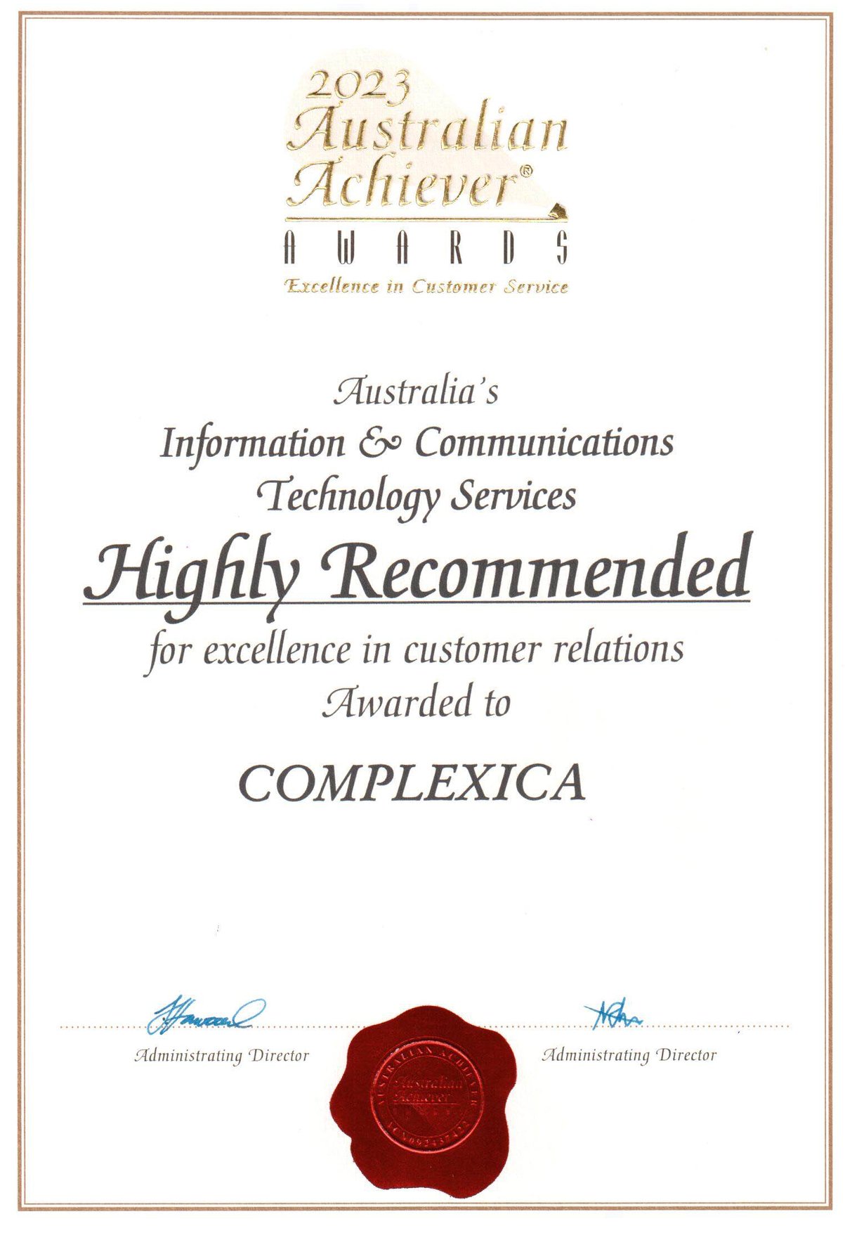 Complexica is Highly Recommended for Customer Satisfaction in the Australian Achiever Awards